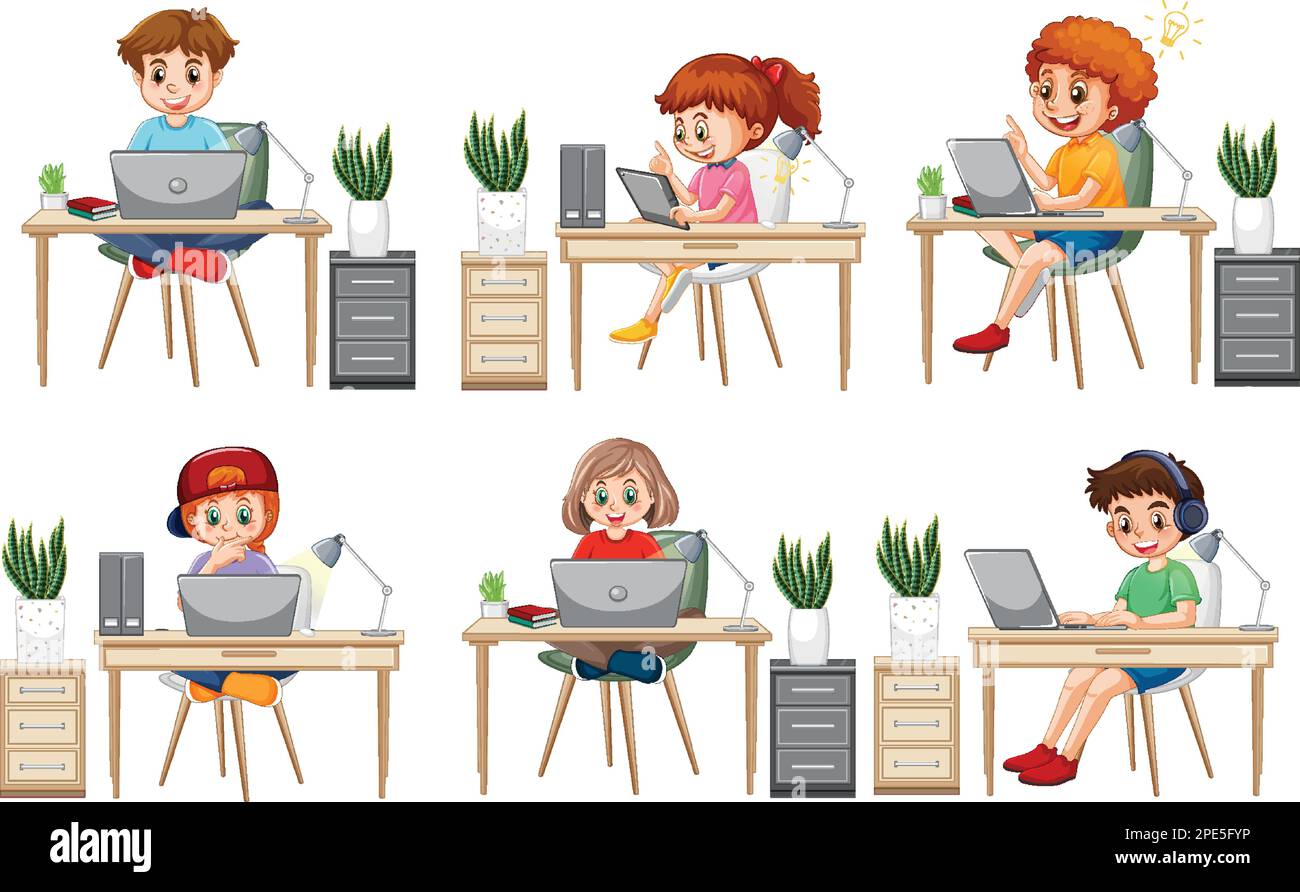 Cartoon Kids Using Laptops for Online Learning illustration Stock ...