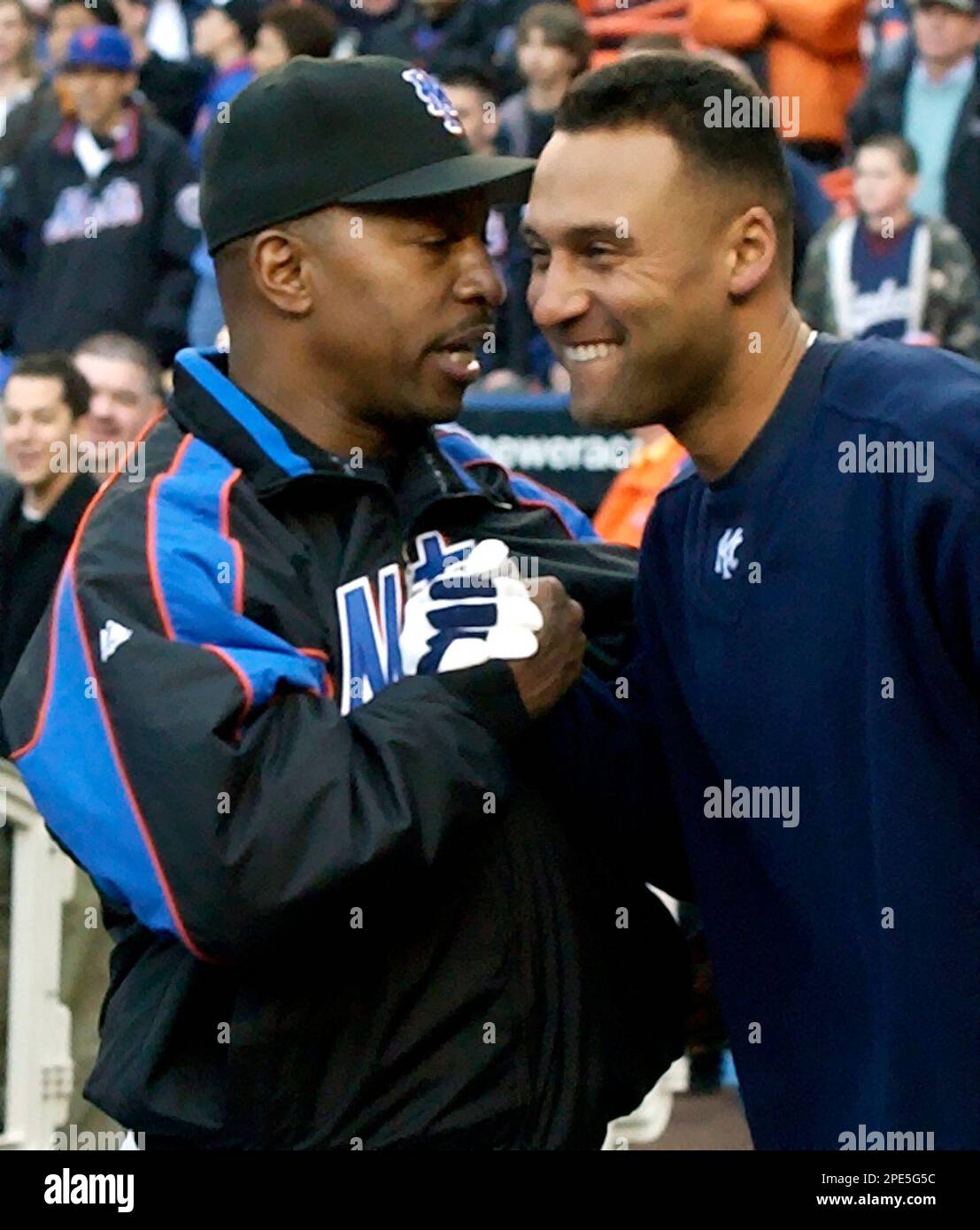 New York Yankees' Derek Jeter, right, says hello to New York Mets ...
