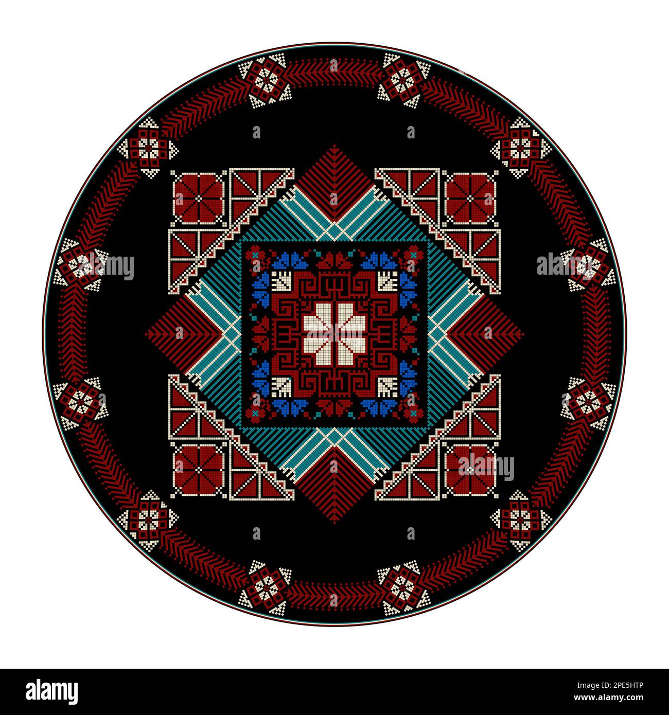 Decorative round Palestinian Tatreez design element over white ...