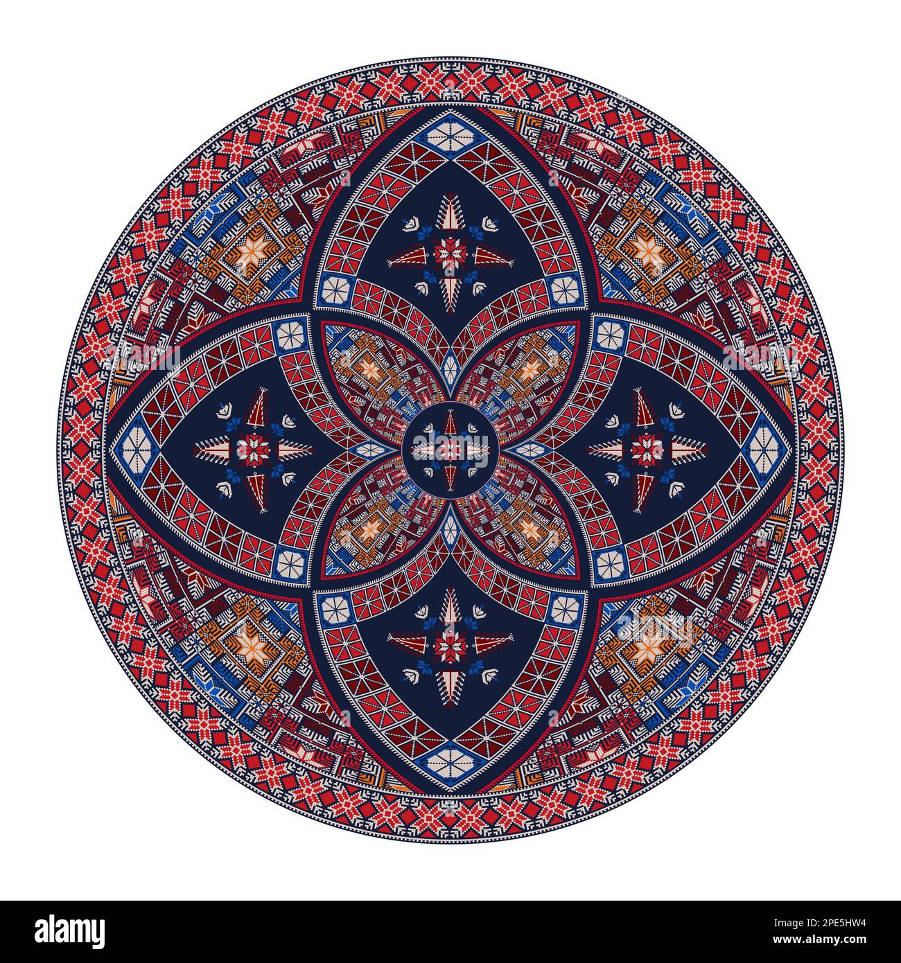 Decorative round Palestinian Tatreez design element over white ...