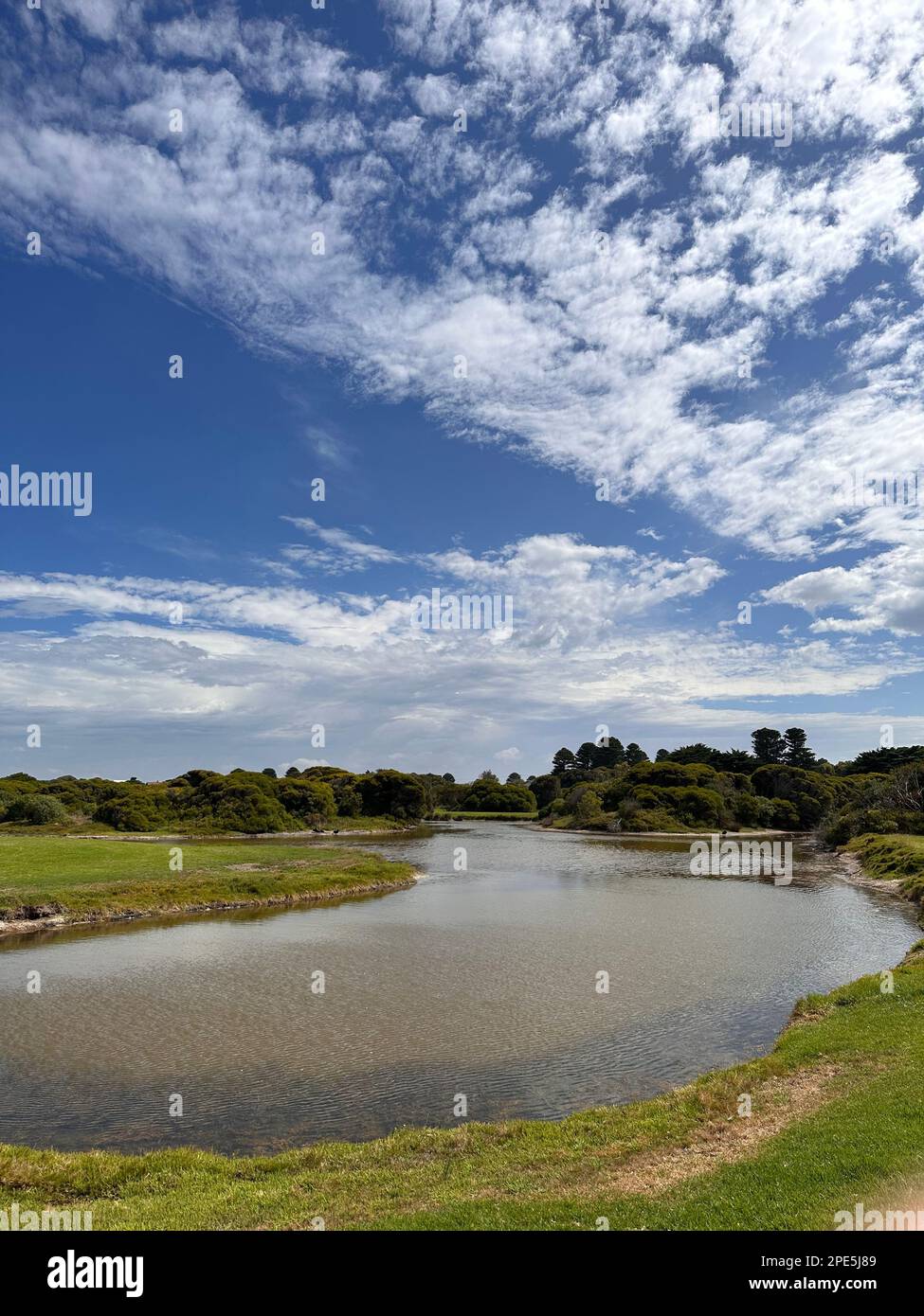 Vertical shot river in green fields under blue sky Stock Photo - Alamy
