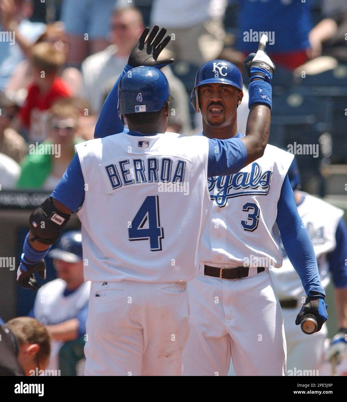 Kansas City Royals' Angel Berroa (4) celebrates his home run with ...