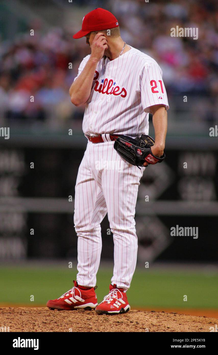 Philadelphia Phillies pitcher Jon Lieber looks away during the third ...