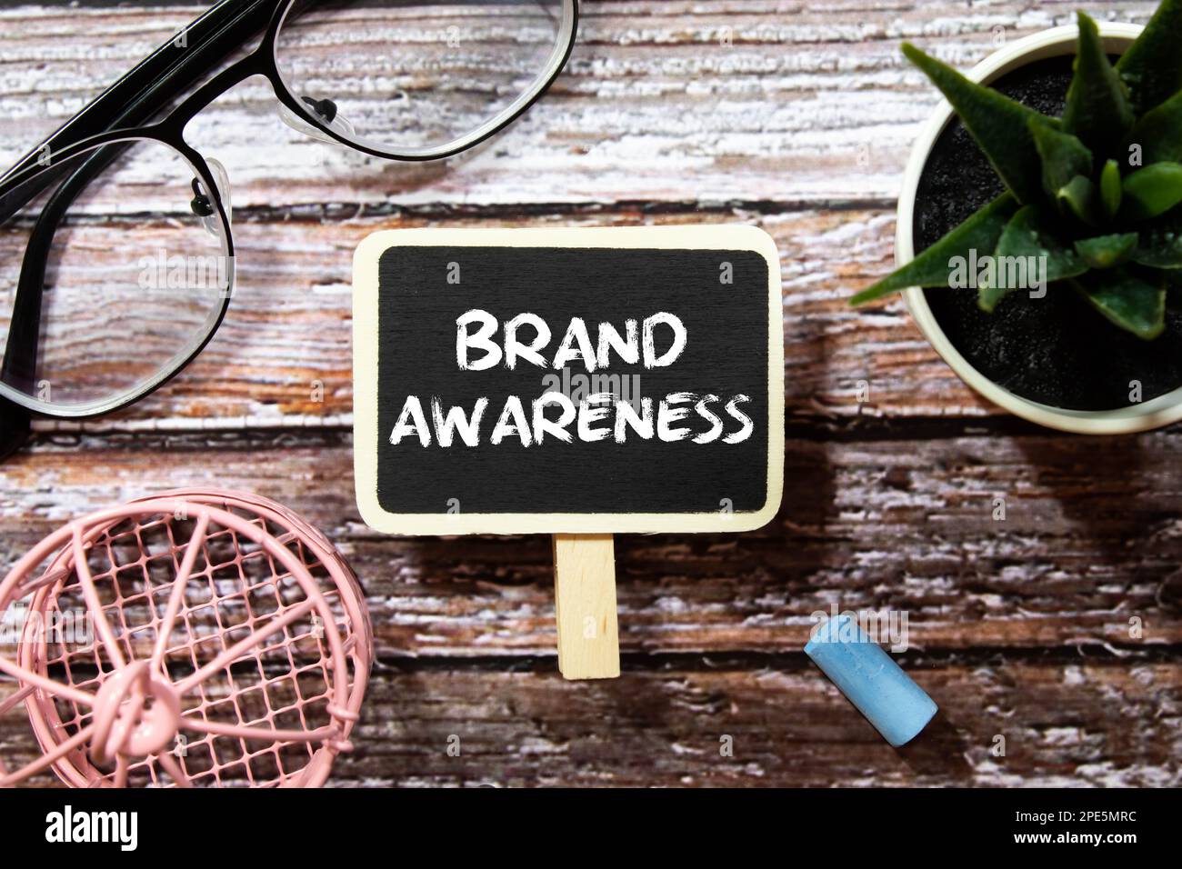 Technology concept.Top view black bubble speech written BRAND AWARENESS ...