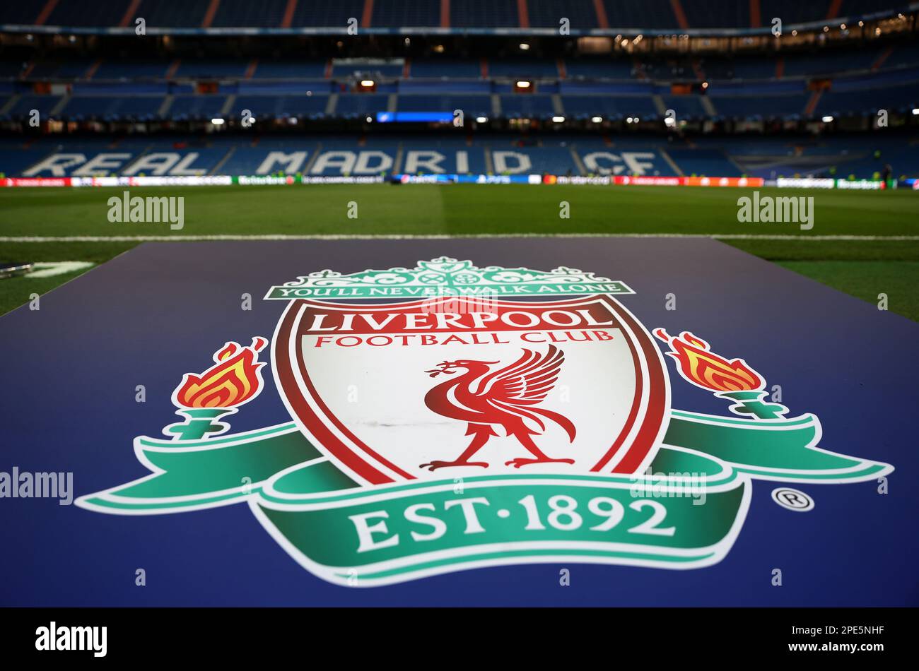 A view of the Liverpool emblem pitchside before the UEFA Champions ...