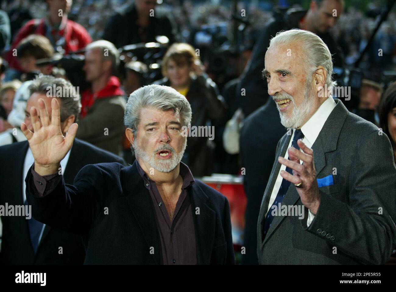 Director George Lucas and actor Christopher Lee, from left, pose in ...