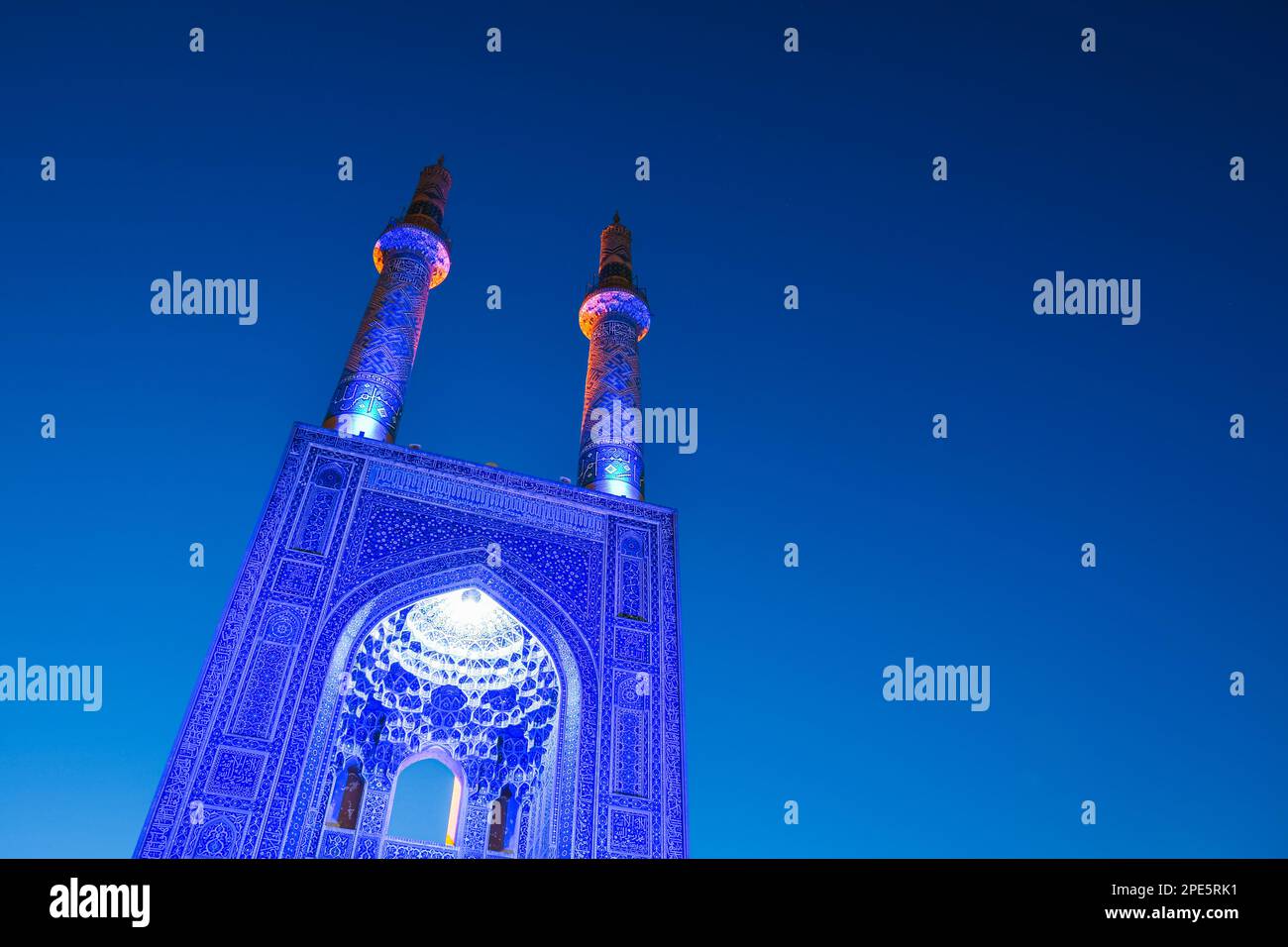 Blue Hazireh Mosque during night in Yazd, Iran. Blue hour isolated low ...