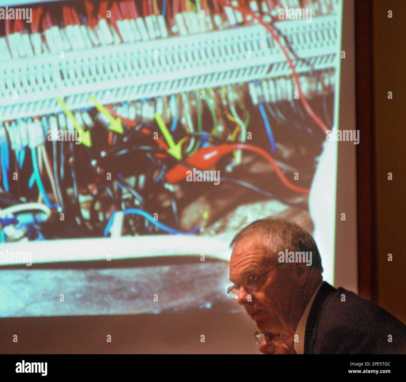 District Attorney Al Schmutzer Jr., stands in front of a photo of wires ...