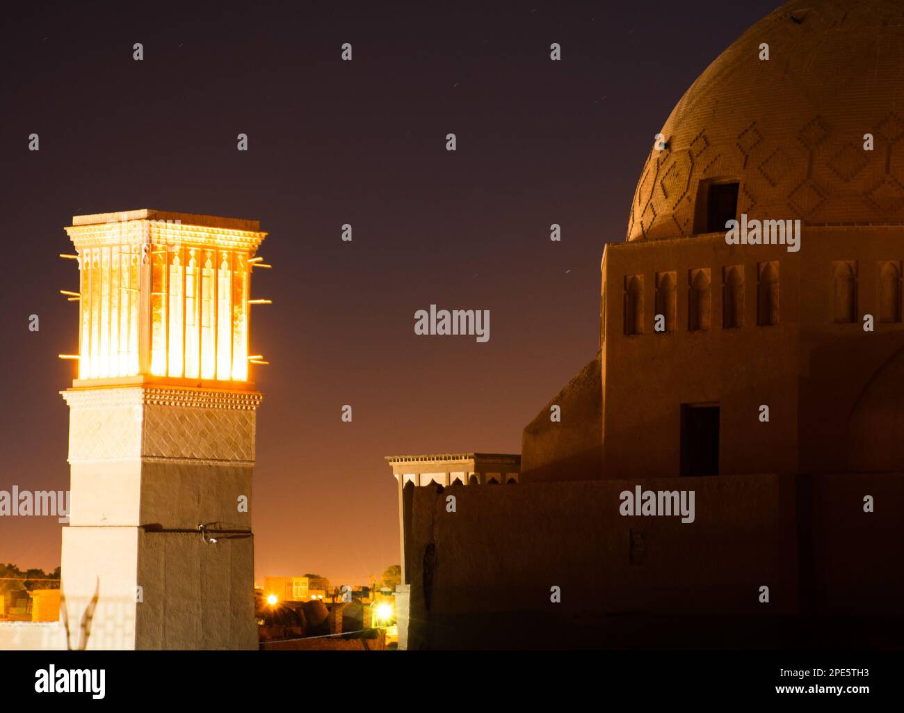 Yazd rooftops panorama with starry night. Muslim architecture dome ...