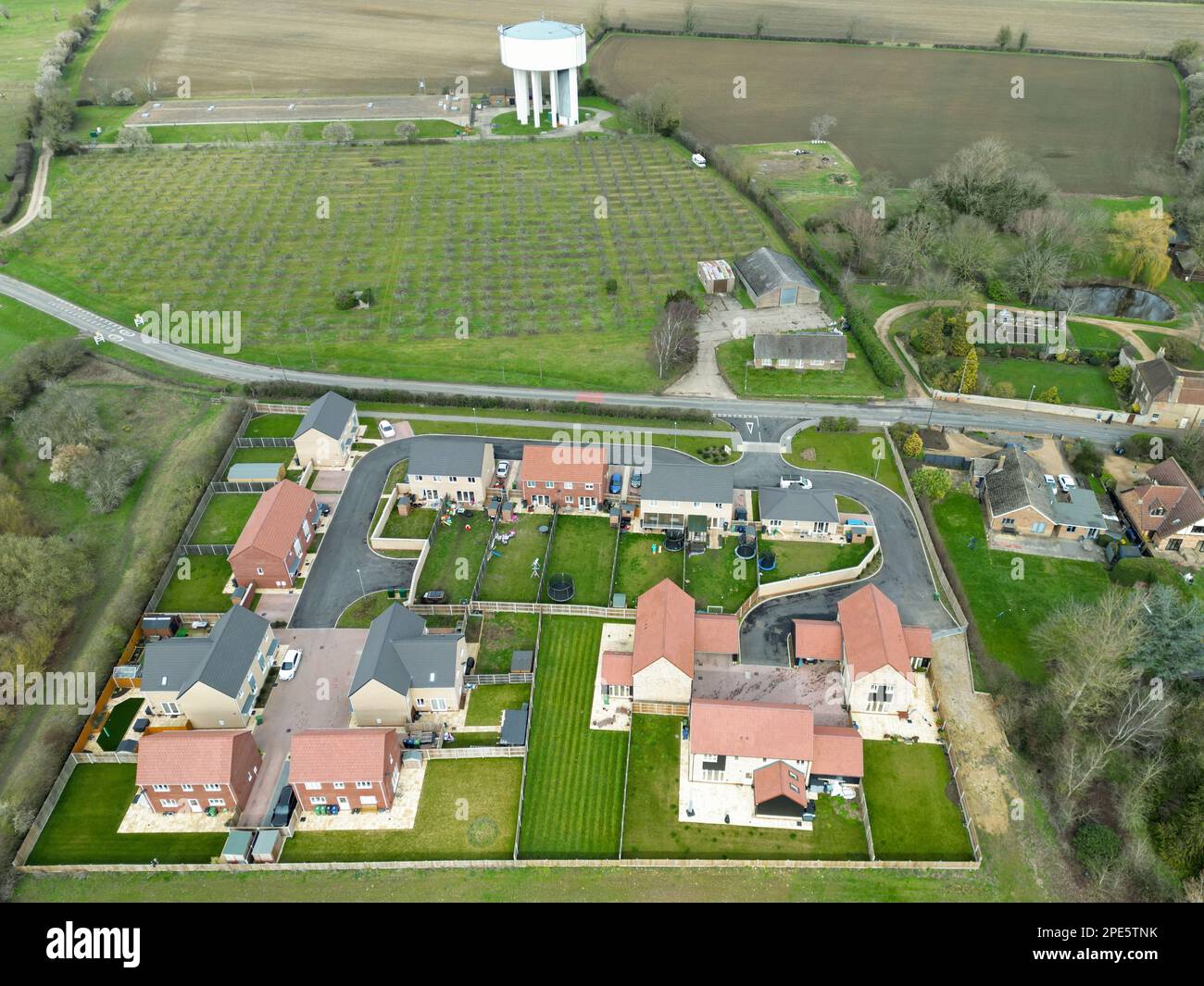 Drone view of a brownfield housing development on the edge of an East ...