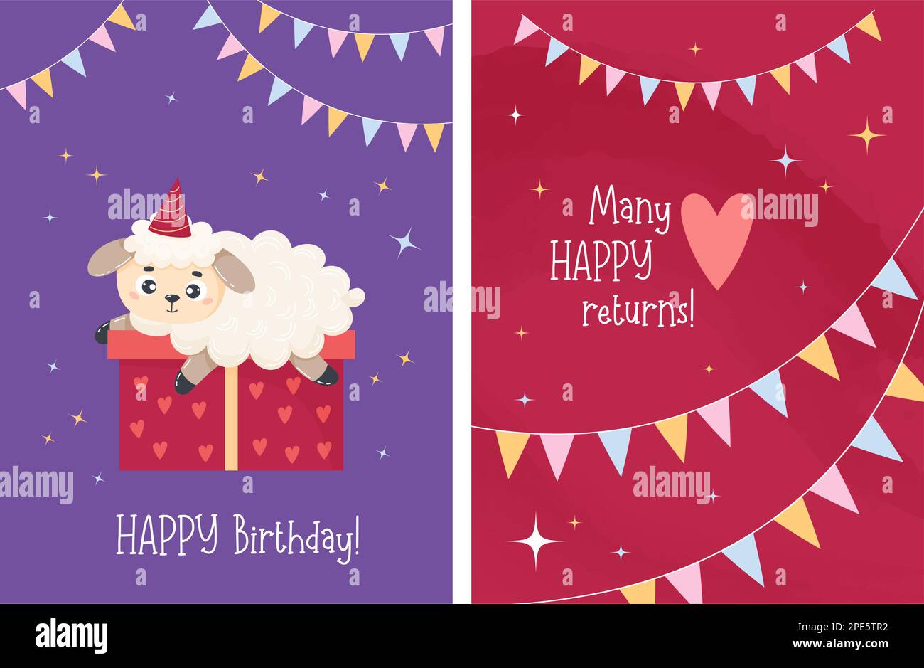 Cute sheep in birthday hat lies on gift box. Cool collection greeting ...