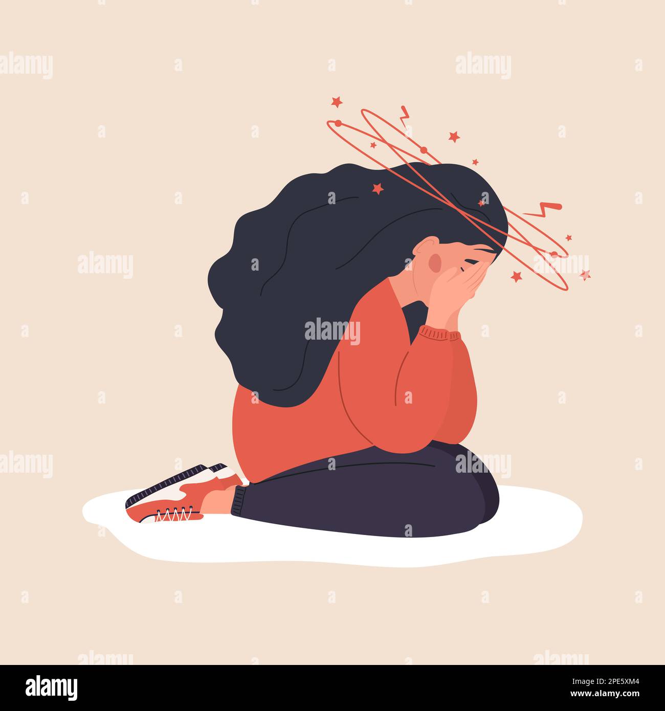 Iron Deficiency Anemia Sad Woman With Headache Sitting On Floor