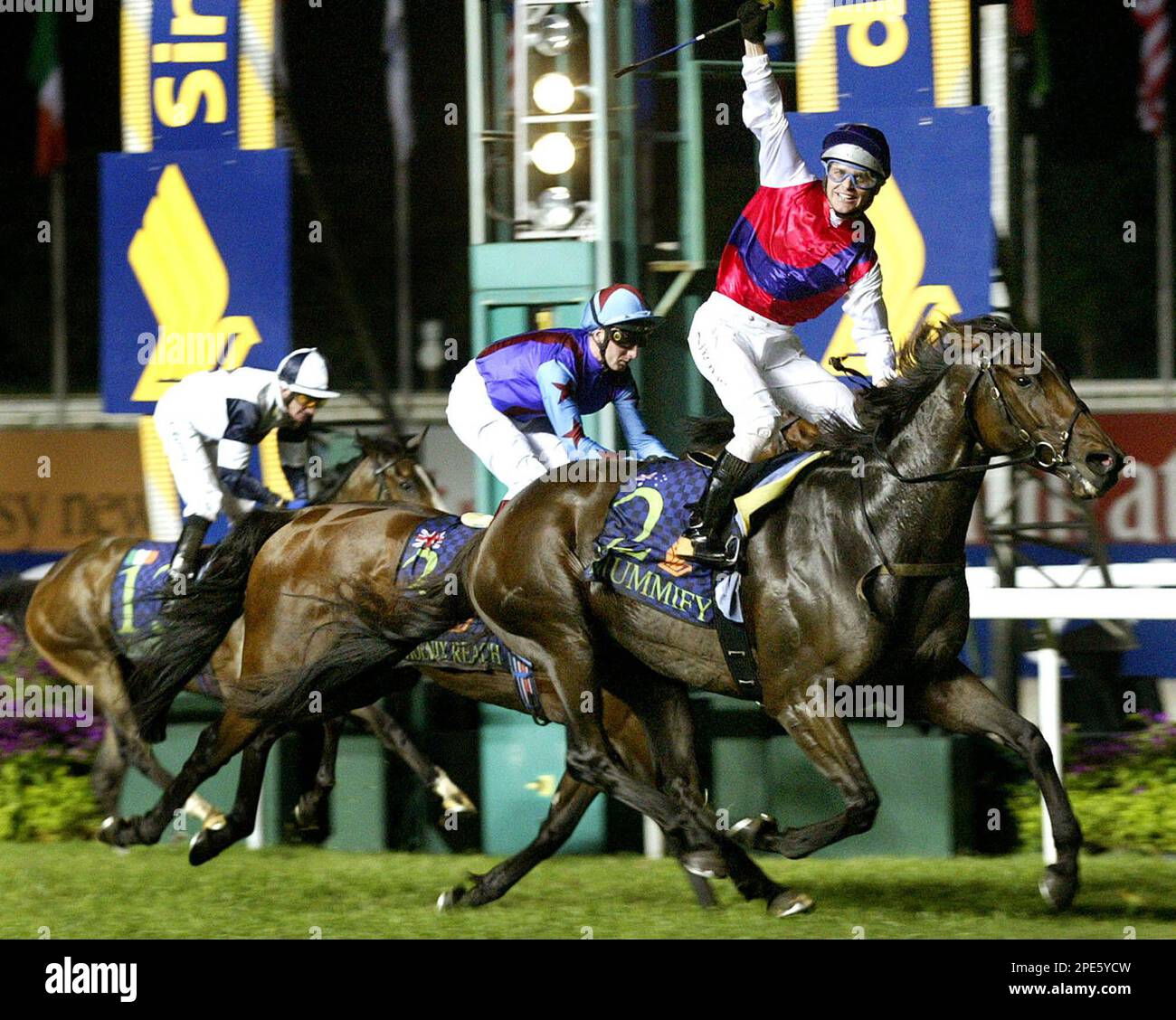Australian jockey Danny Nikolic aboard Mummify celebrates after ...
