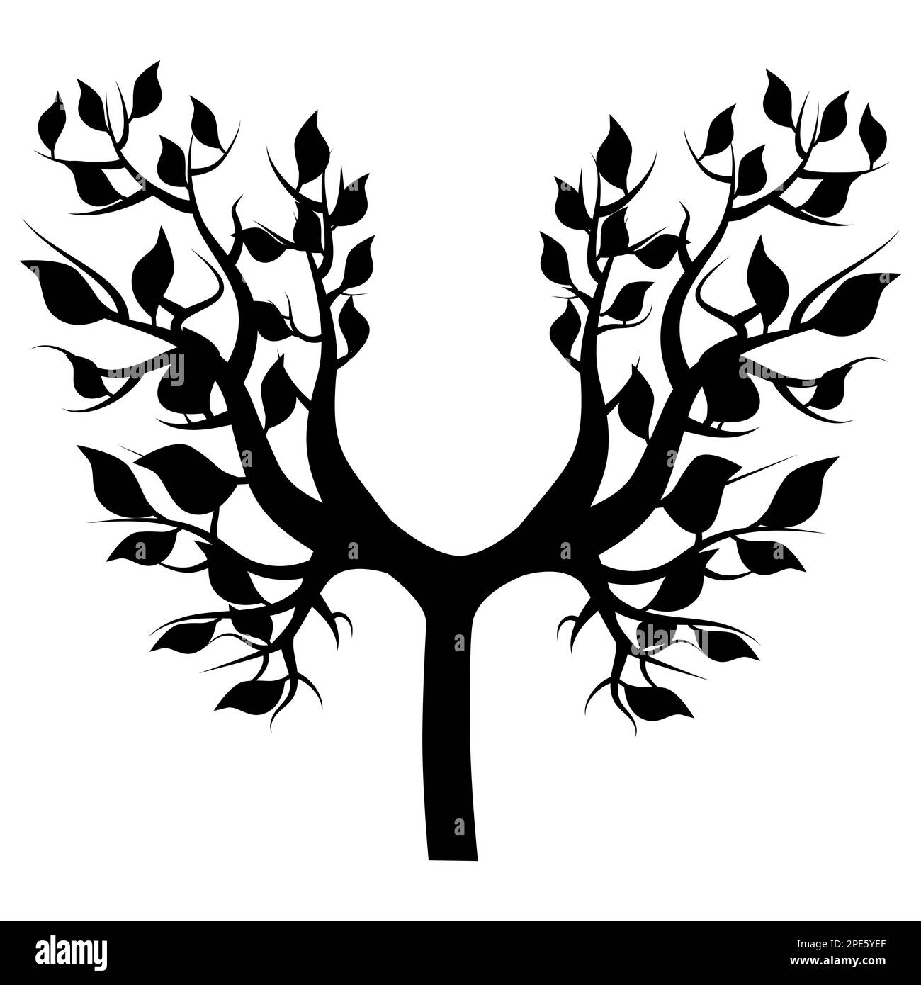 Black silhouette of young symmetrical tree with leaves isolated on ...