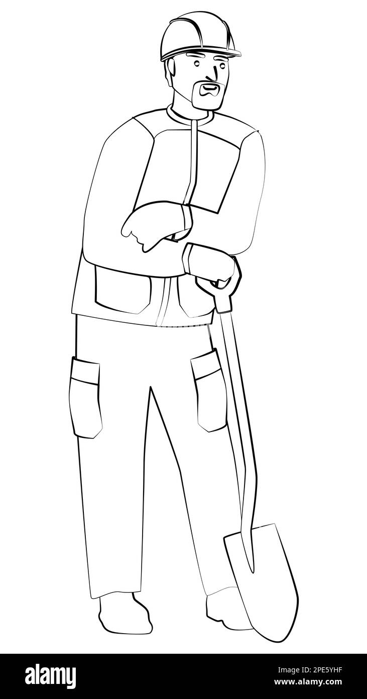 Outline of man in work clothes and hard hat stands leaning on shovel ...