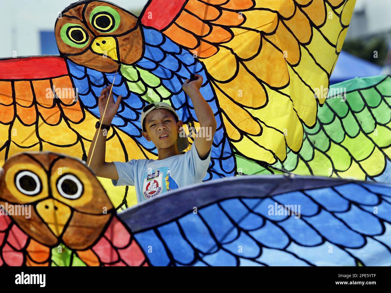 A Filipino boy reacts as he carries kites shaped like a flying owl ...