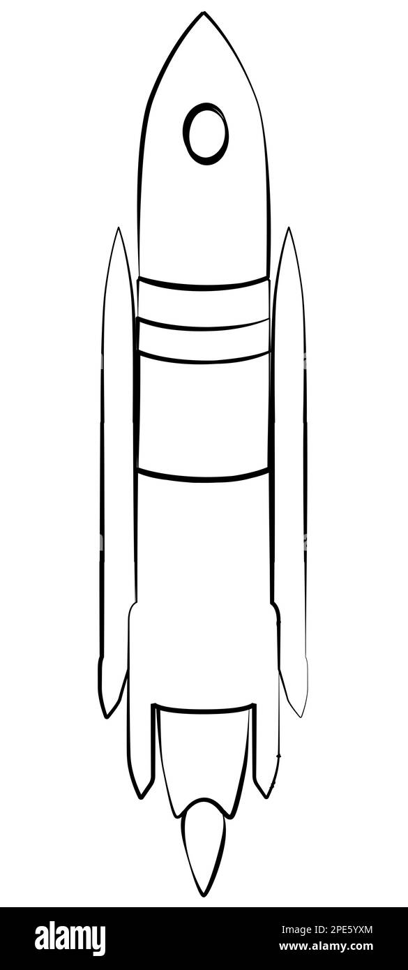 Black outline of spaceship with flames isolated on white. Vector design ...