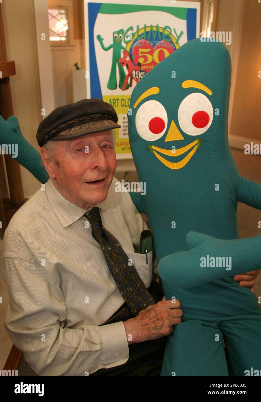 Art Clokey, 83, the creator of "Gumby," poses with a stuffed version of ...