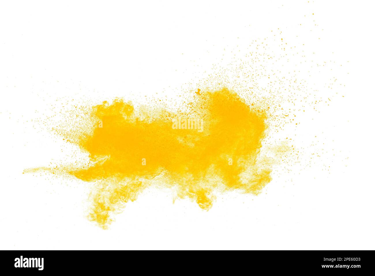 Abstract yellow powder explosion on white background. Freeze motion of ...