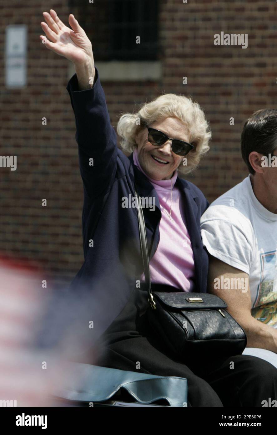 Julia Ruth Stevens, the daughter of baseball great Babe Ruth, waves as ...