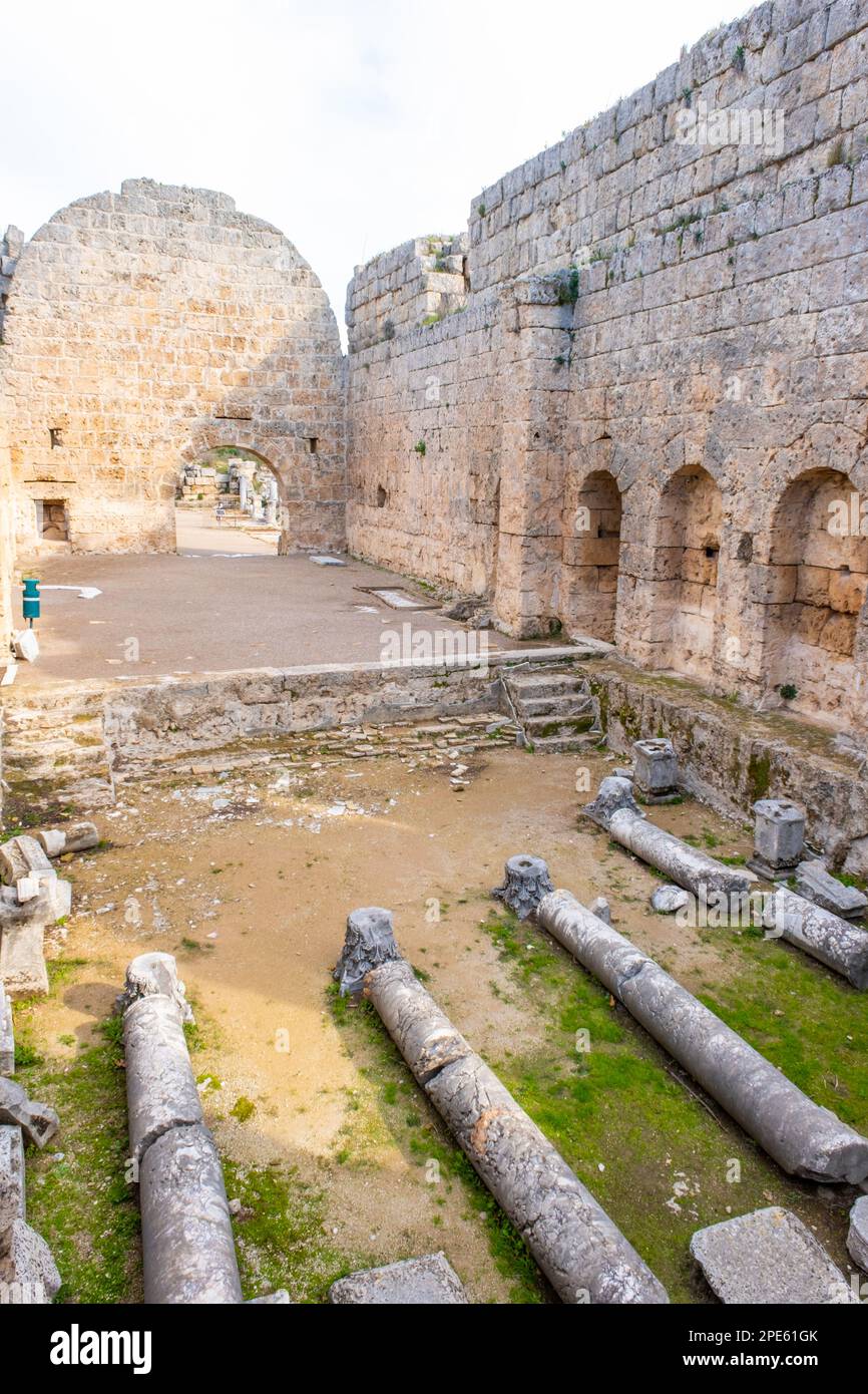 The ruins of the ancient city of Perge. Perge is an ancient Greek city ...