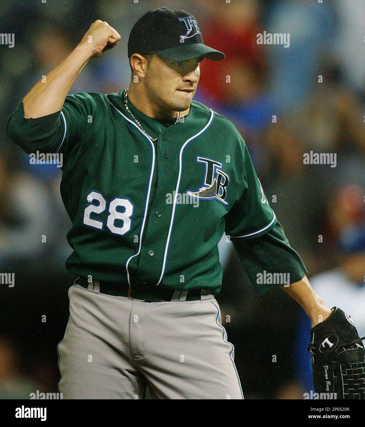 Tampa Bay Devil Rays pitcher Danys Baez (28) celebrates a win over the ...