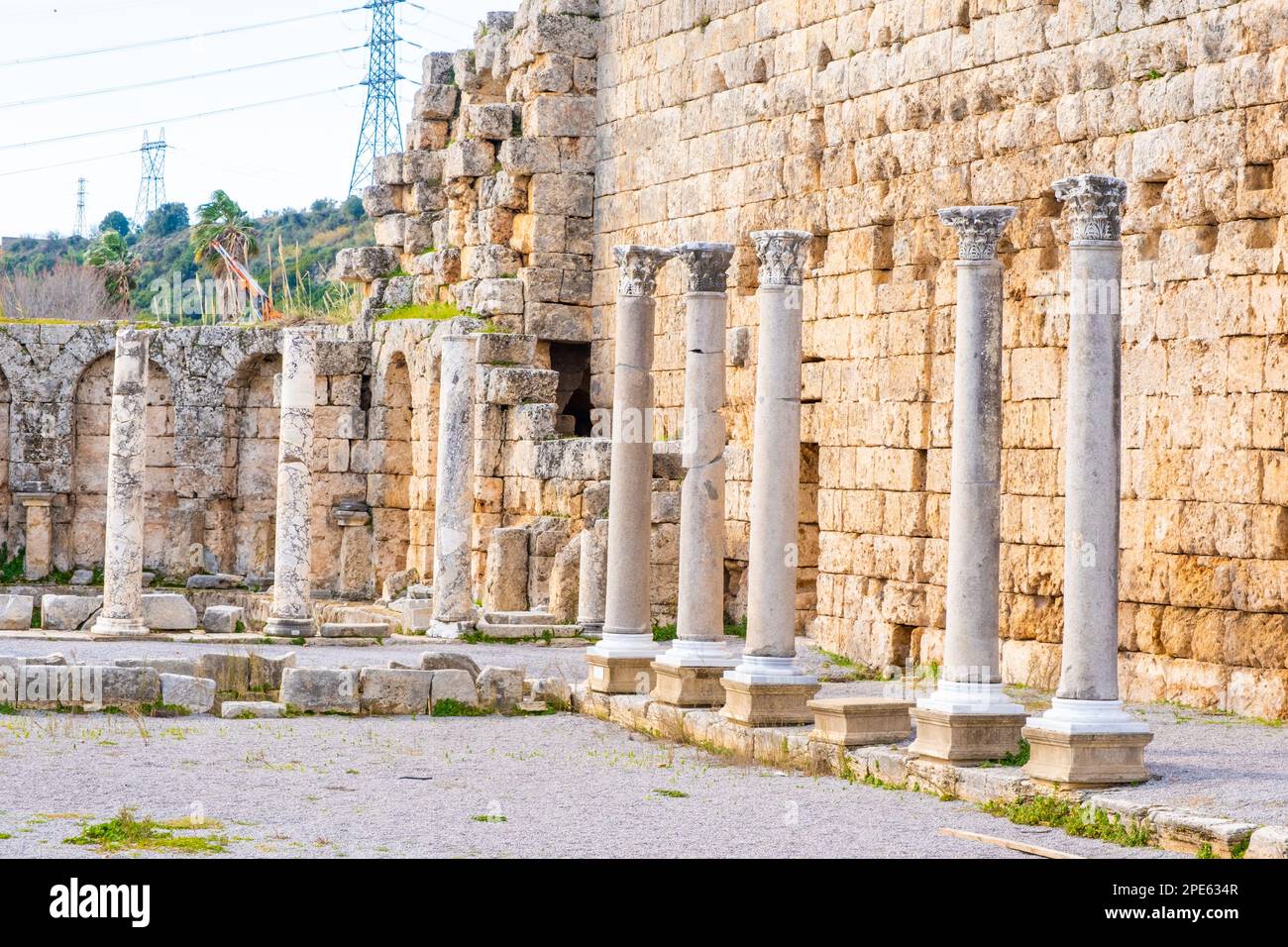 The ruins of the ancient city of Perge. Perge is an ancient Greek city ...