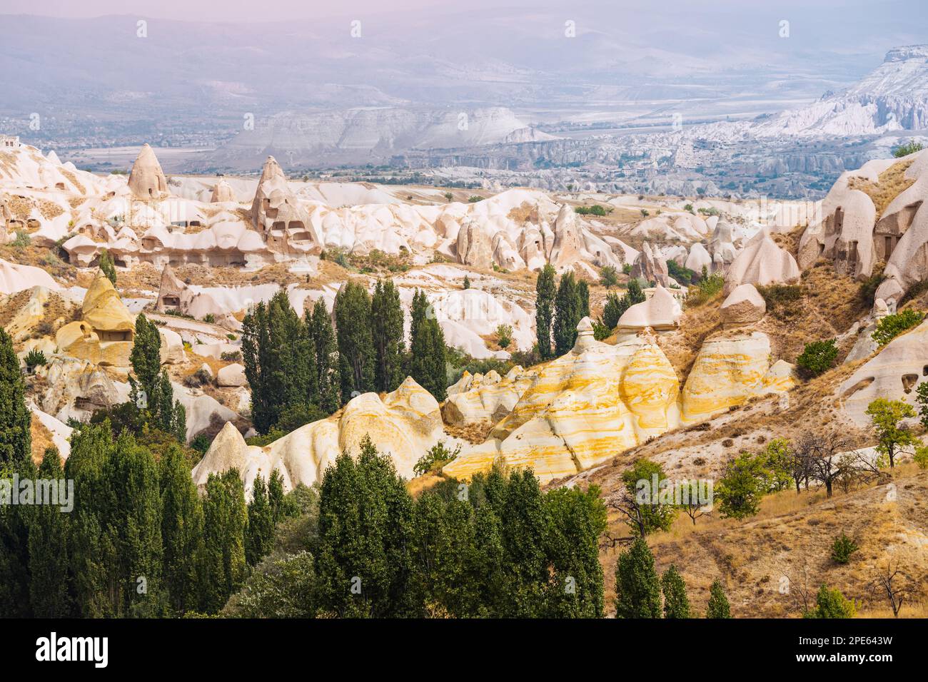 Aerial view of a fairy chimneys geological formations in Turkish wonder ...