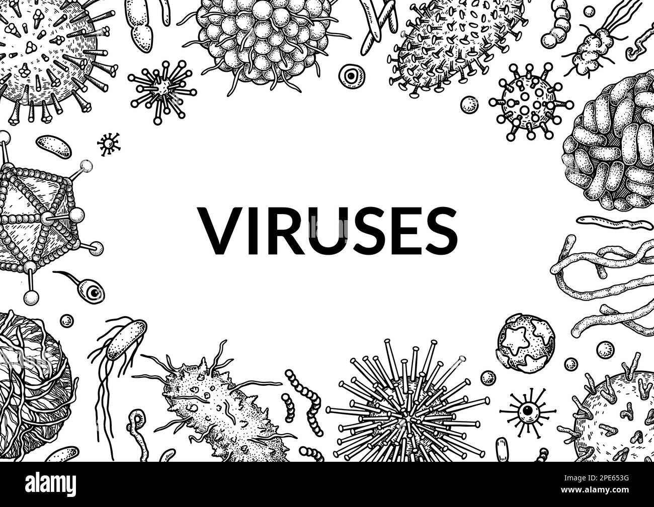 Virus horizontal background in sketch style. Hand drawn bacteria, germ ...