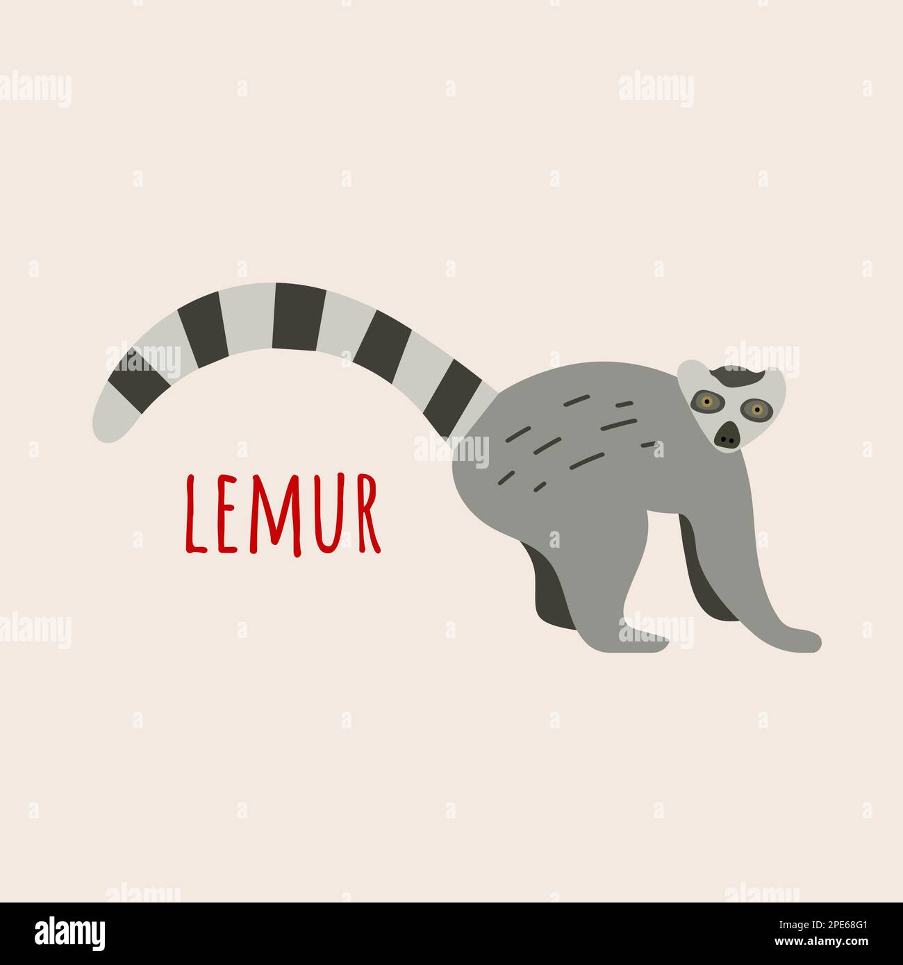 Cute lemur with striped tail, flat illustration. Lemur, simple doodle ...