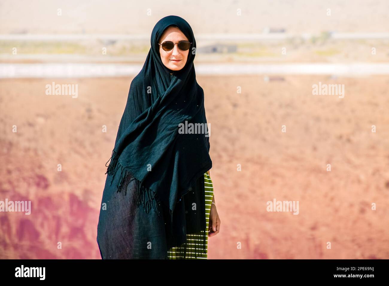 Caucasian woman tourist stand on Maharlu pink salt lake shore. Travel ...