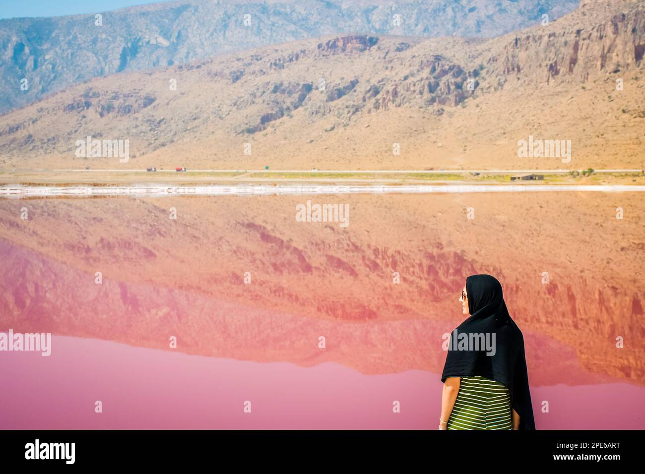 Caucasian woman tourist stand on Maharlu pink salt lake shore. Travel ...