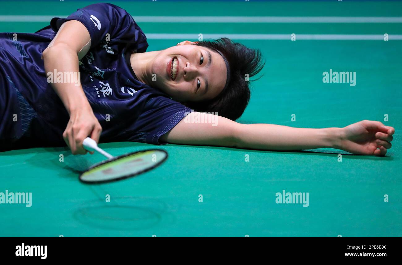 Taiwan's Pai Yu-po celebrates winning her match against Denmark's Line ...