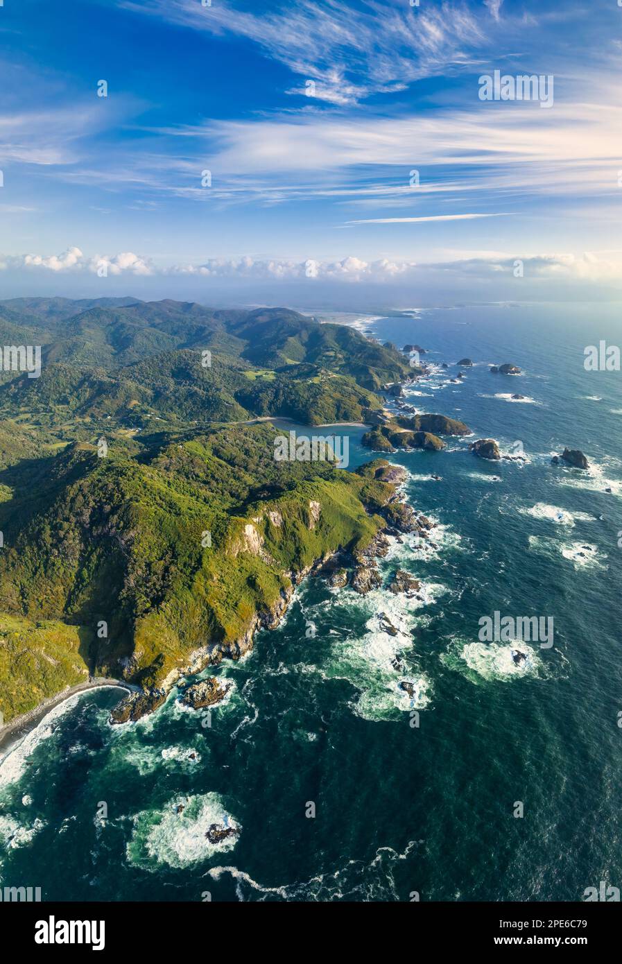 An aerial view of Chiloe island, Pacific Ocean - Native Forest, Chile ...