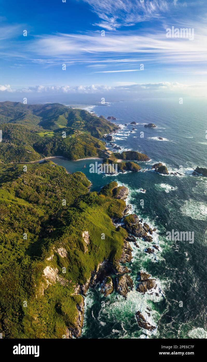 An aerial view of Chiloe island, Pacific Ocean - Native Forest, Chile ...