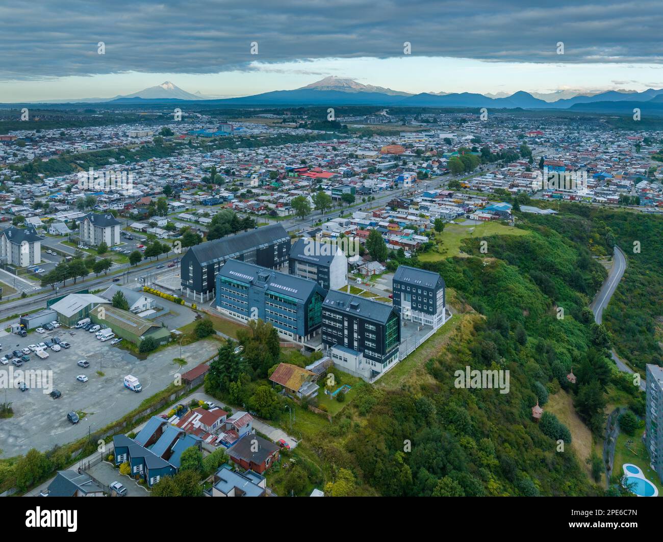 An aerial view of a cityscape with many buildings, Puerto Montt, Chile ...