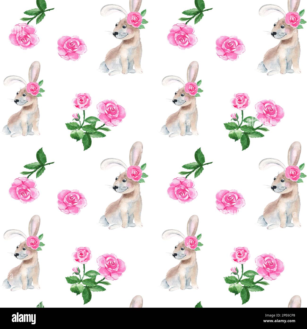 Seamless pattern with cute rabbit, bunny and rose flowers. Watercolor ...