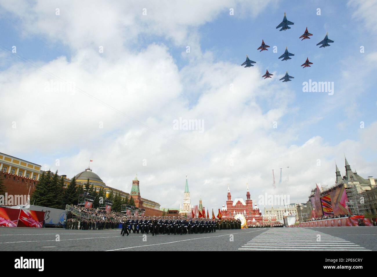 Russian jet fighters fly over the Red Square in Moscow, Monday, May 9 ...