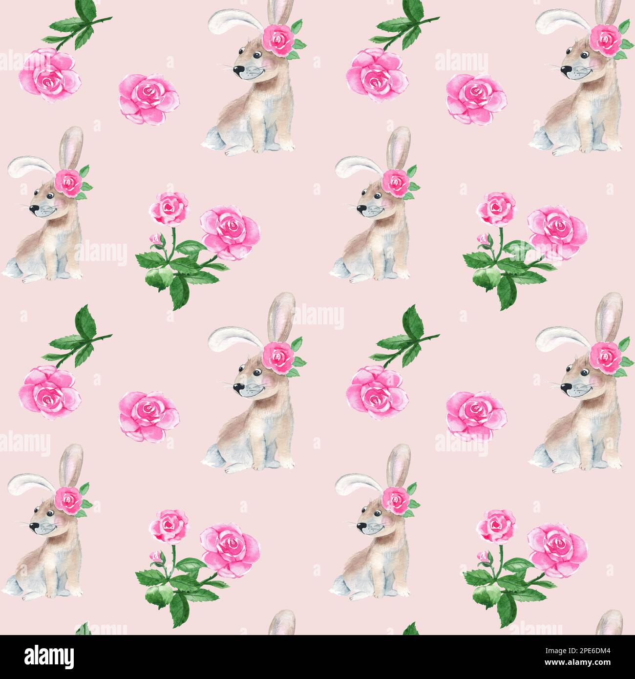 Seamless pattern with cute rabbit, bunny and rose flowers. Watercolor ...