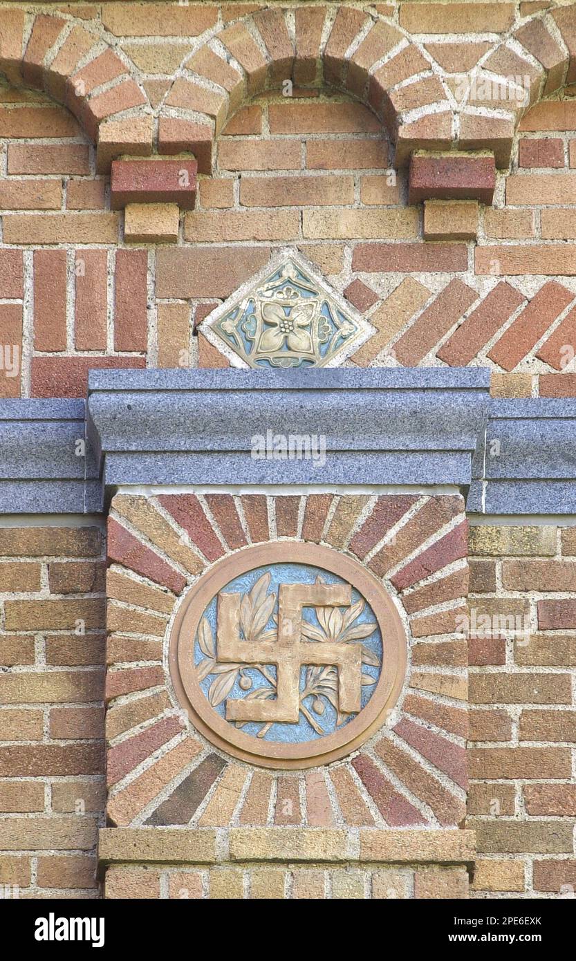 A symbol shaped like a swastika, part of the brickwork on St. Mary's ...