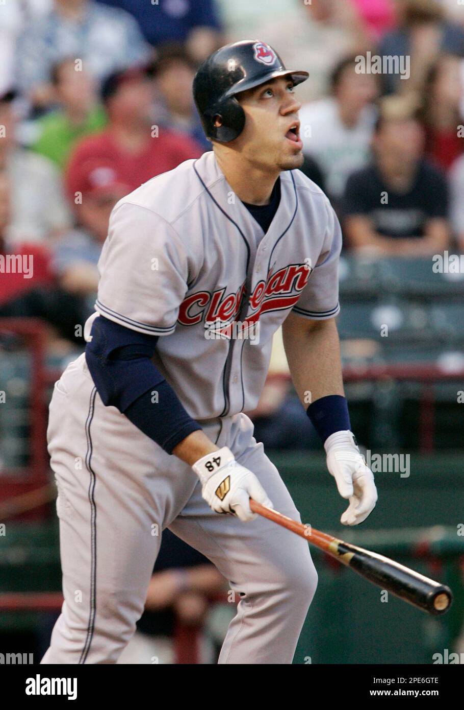 Cleveland Indians' Travis Hafner watches his two-run home run off Texas ...