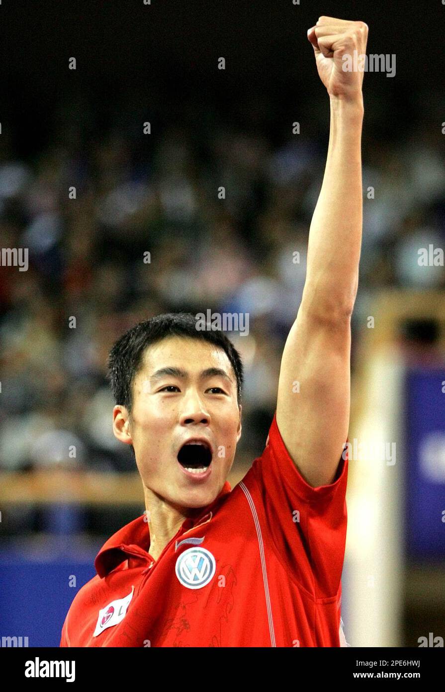 China's Wang Liqin reacts after winning the mens' singles final at the 48th World Table Tennis ...