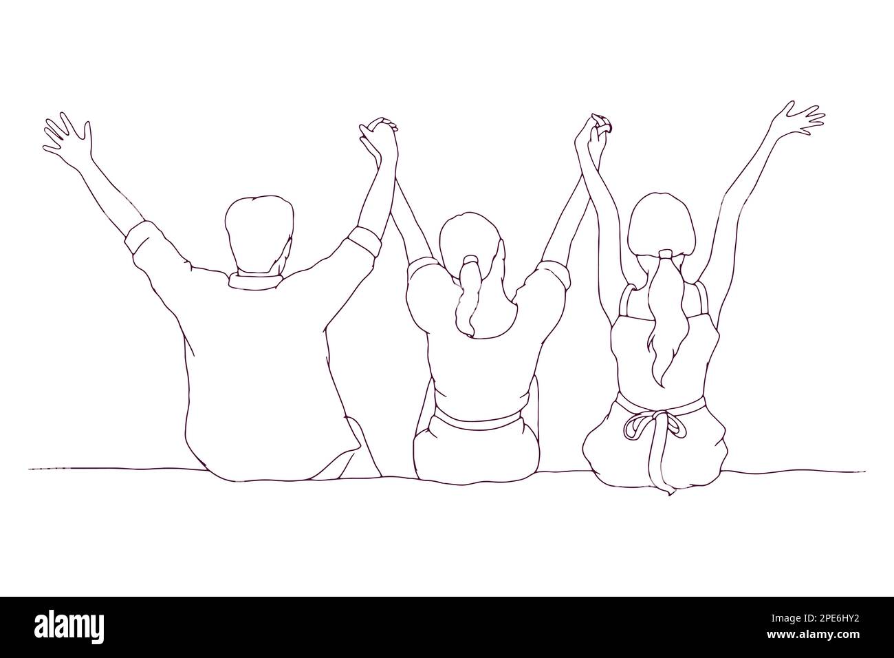 Group of friends sitting together and raising hands hand drawn vector ...