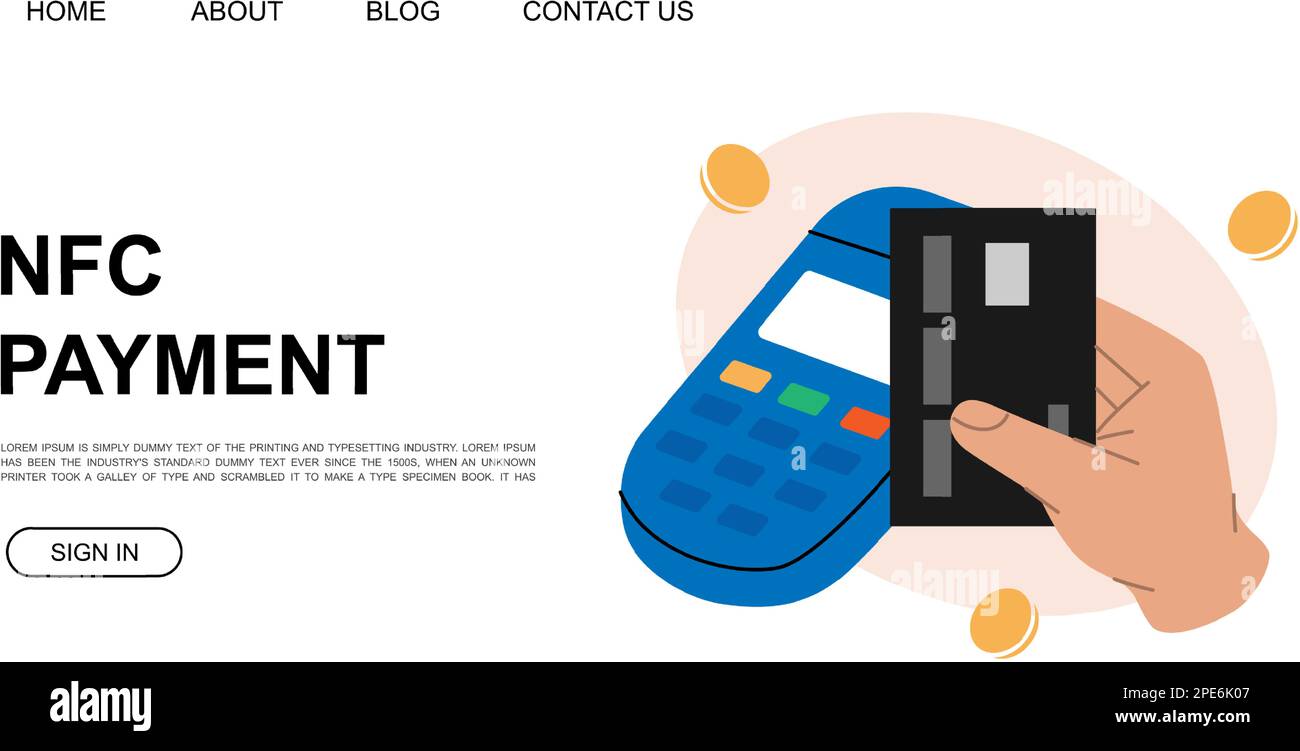 NFC payment website template. Credit card payment with POS terminal. Mobile banking app and e ...