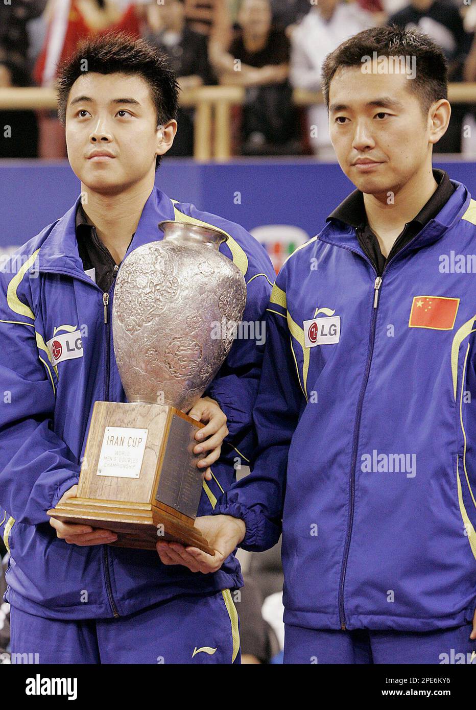 Kong Linghui, right, and Wang Hao, left, of China stand with the ...