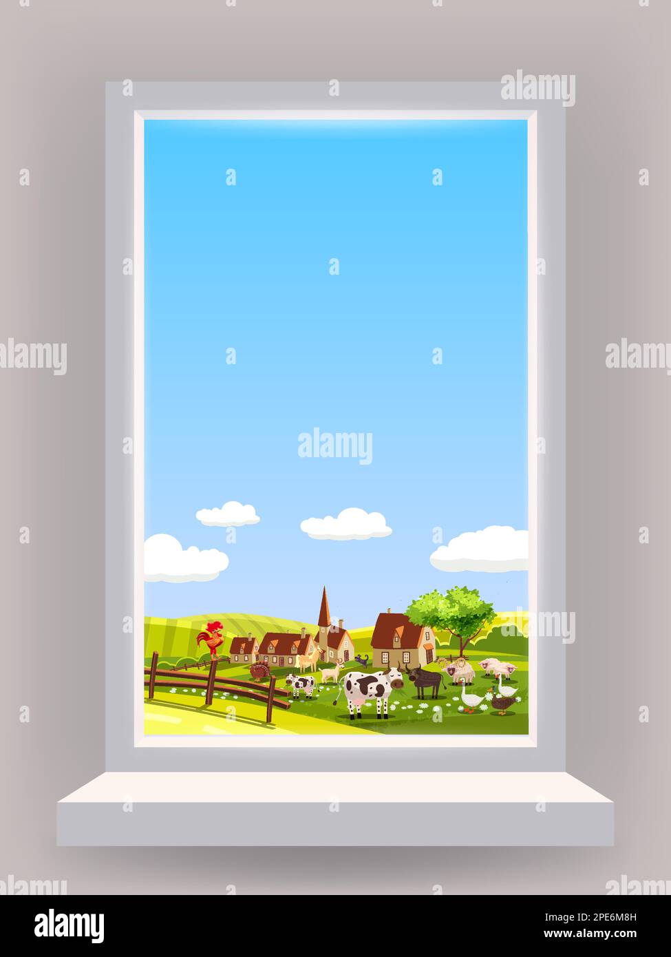 Window view interior, farm, rural landscape, animals, country nature ...