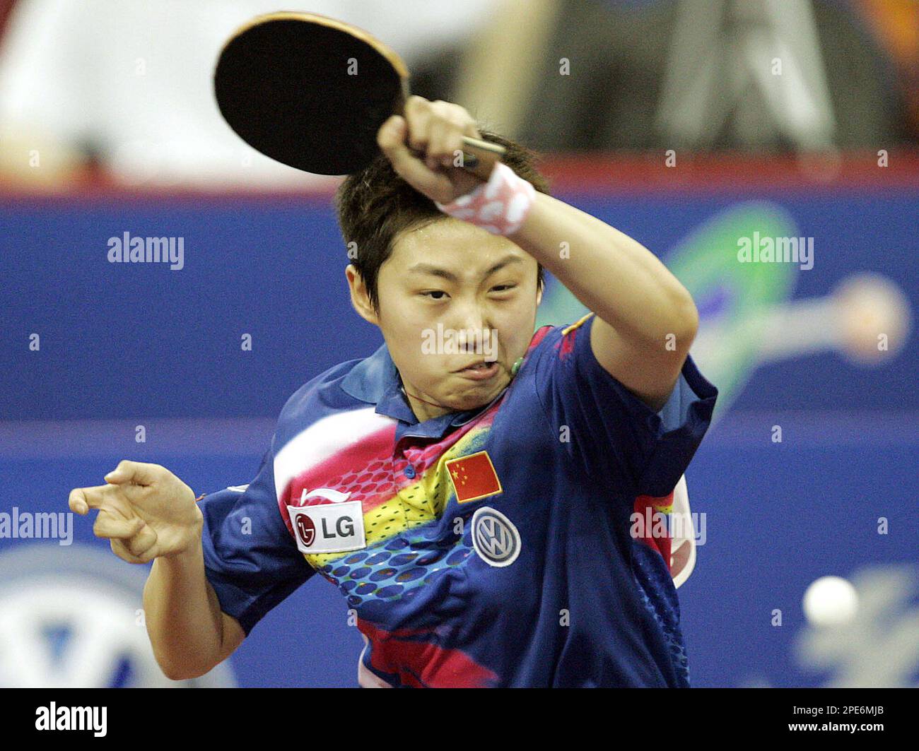 Guo Yue of China plays against China's Guo Yan during a women's singles table tennis match at ...