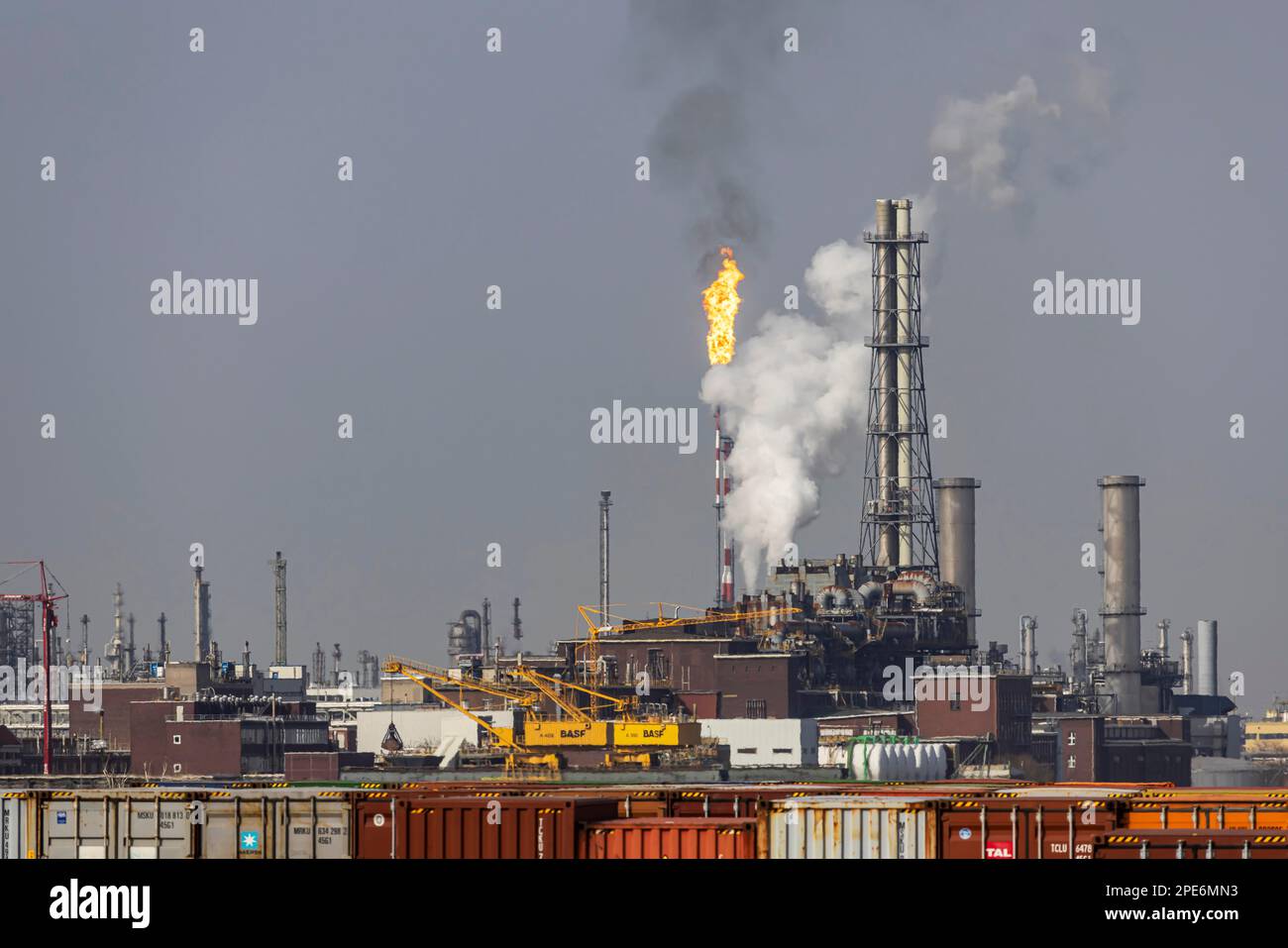 BASF plant site, exterior view with smoking chimneys, Ludwigshafen ...
