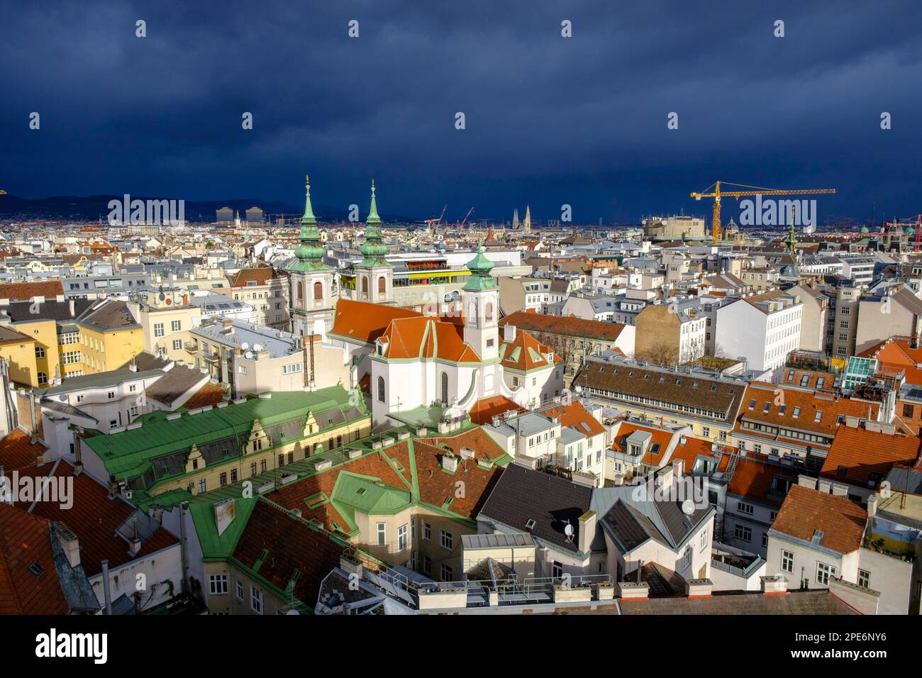 Maria Hilf Church, rain clouds, dark clouds over Vienna, view from the ...