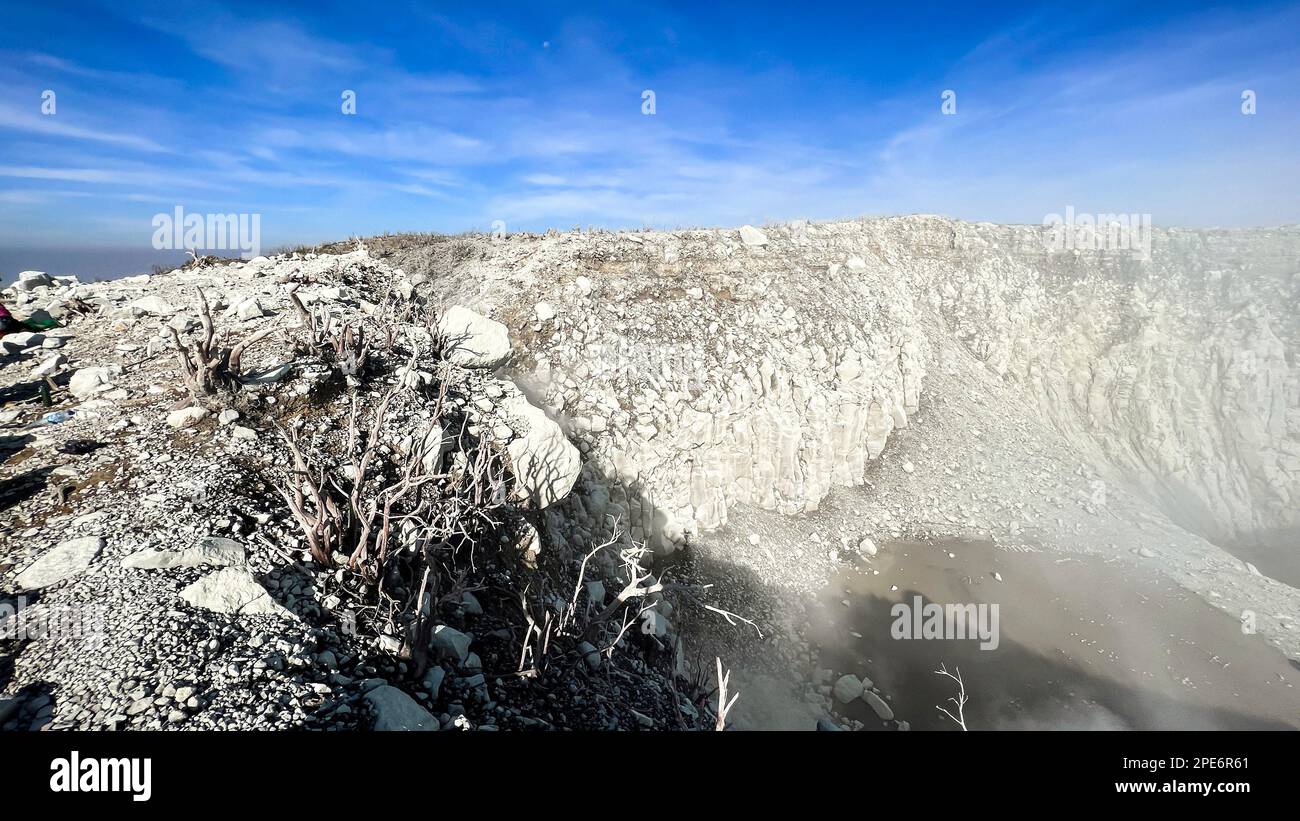 Seeing the inside of a volcano crater with smoke in east Java ...